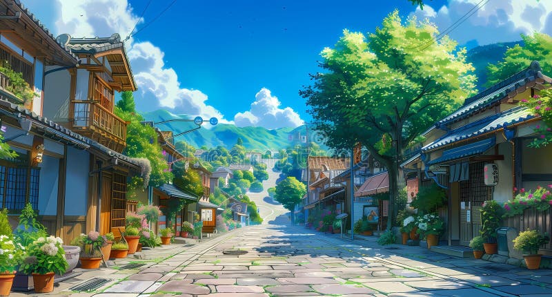 Scenic Anime Street Lined with Lush Green Trees Stock Illustration ...