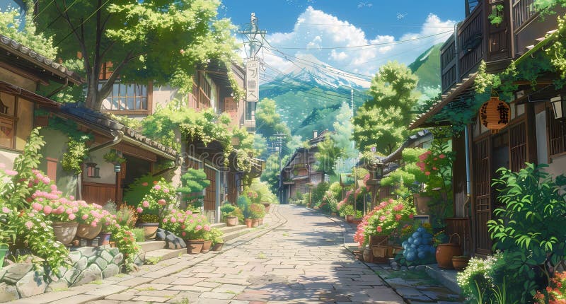 Scenic Anime Street Lined with Lush Green Trees Stock Illustration ...