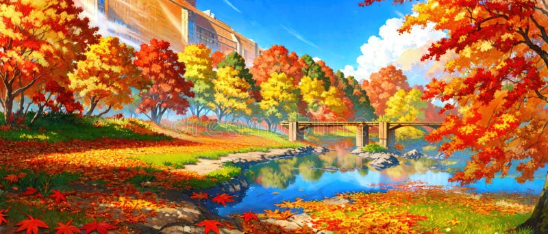 Anime Style Autumn Fall River Landscape, Ai Stock Illustration ...
