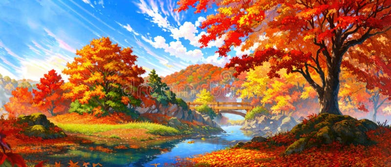 Anime Style Autumn Fall River Landscape, Ai Stock Illustration ...