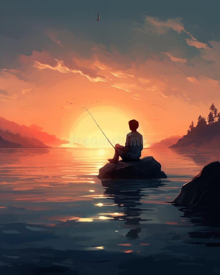 Anime Style Cartoon, Fishing by the River Stock Illustration ...