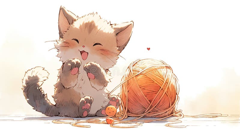 Anime Style of a Cat Playing with a Wool Ball Stock Illustration ...