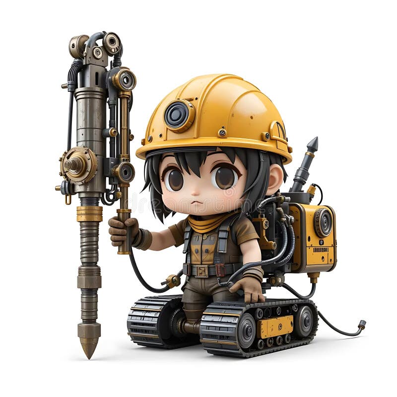 Anime Style Construction Worker with Drill Rig Machine on White ...