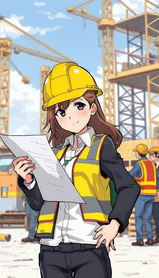 Anime Style Construction Site Featuring a Worker with Yellow Hardhat ...