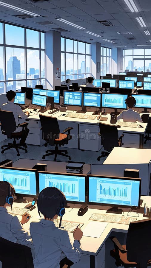 Anime-style Corporate Office with Employees Working at Adjustable Desks ...