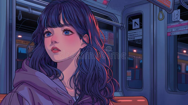 An Anime-style Depiction of a Girl in the Subway Stock Illustration ...