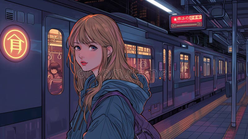 An Anime-style Depiction of a Girl in the Subway Stock Illustration ...