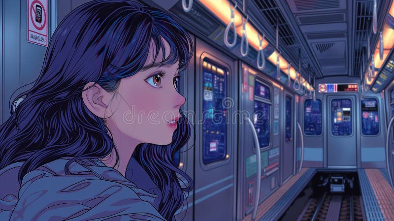An Anime-style Depiction of a Girl in the Subway Stock Illustration ...