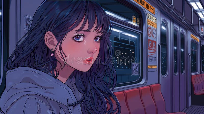 An Anime-style Depiction of a Girl in the Subway Stock Illustration ...