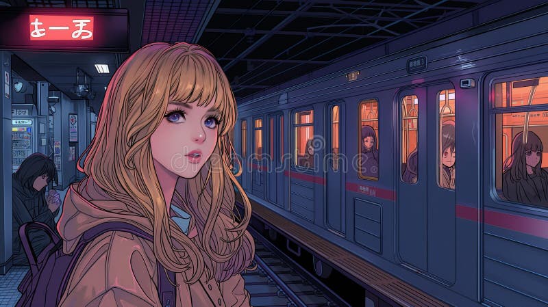 An Anime-style Depiction of a Girl in the Subway Stock Illustration ...