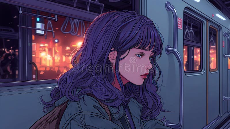 An Anime-style Depiction of a Girl in the Subway Stock Illustration ...