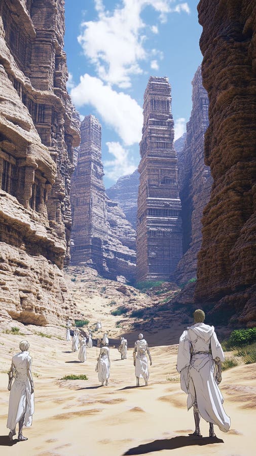 An Anime-style Desert with Characters Exploring Ancient Temples. Stock ...