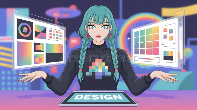 Anime Style Graphic Designer Displaying Creative Design Interface ...