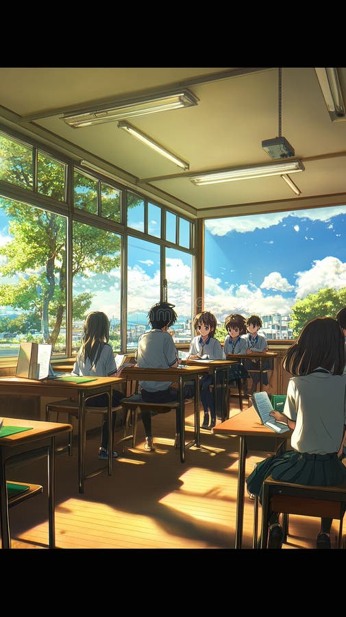 An Anime-style High School Classroom with Students Studying and ...