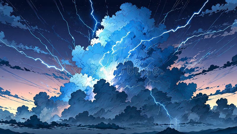 Anime Style Illustration of Blue Clouds with Lightning Strikes. Anime ...