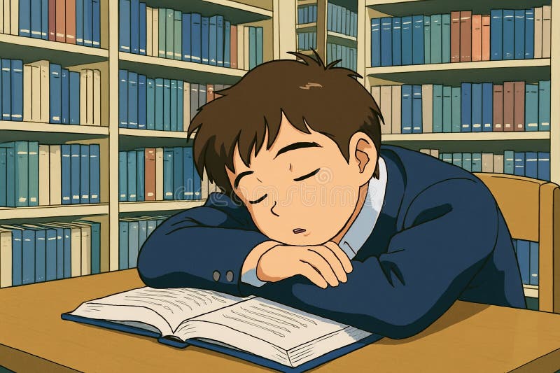 Anime Student Sleeping on Open Book Stock Illustration - Illustration ...