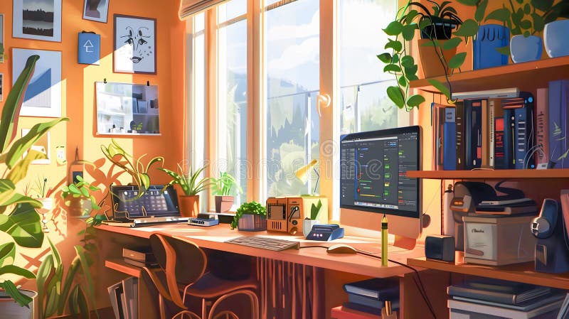 Anime-style Illustration of a Cozy Workspace with a Pot of Plants Stock ...