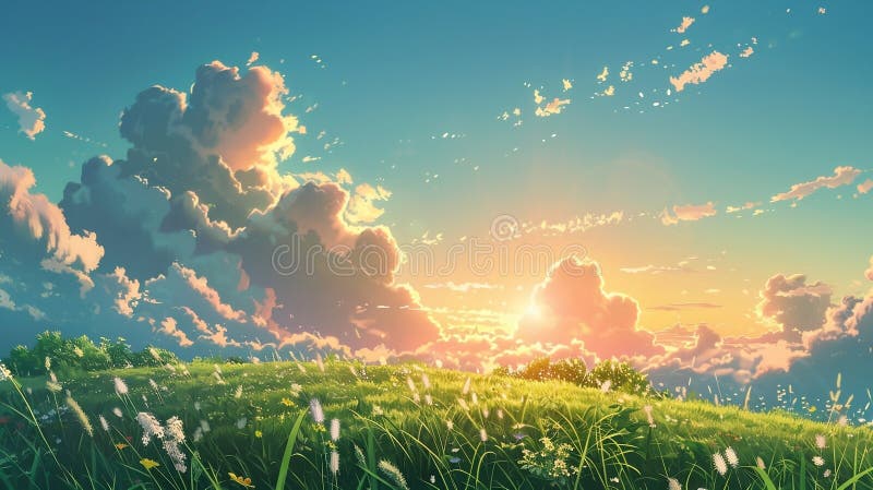 Anime Style Illustration: Dramatic Sky with Clouds, Landscape Scene ...