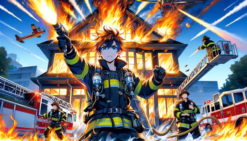 Anime Style Illustration of Firefighters Battling a House Fire Stock ...