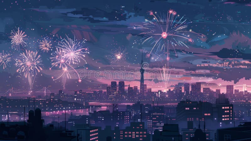 Anime-style Illustration of Fireworks Stock Illustration - Illustration ...