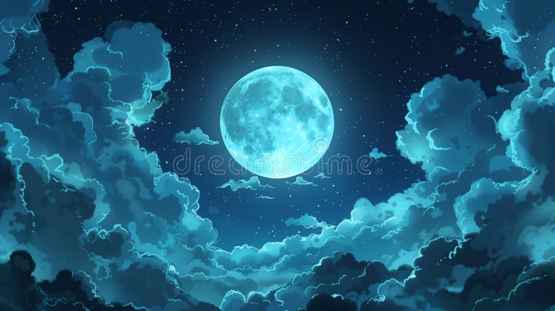 Anime Style Illustration of Full Moon and Clouds Stock Photo - Image of ...