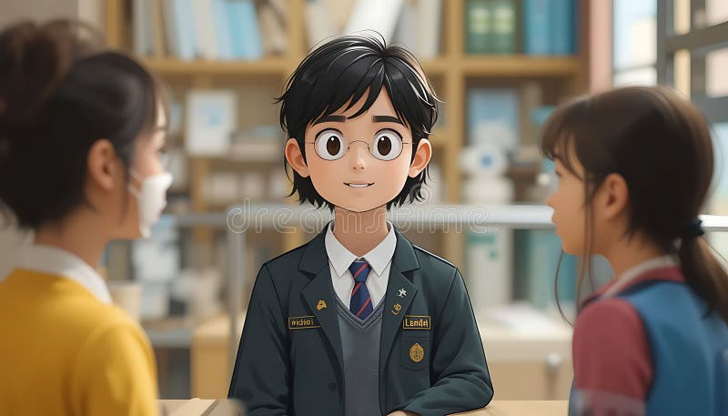 Anime Style Illustration of a Student in Uniform with Two Other ...