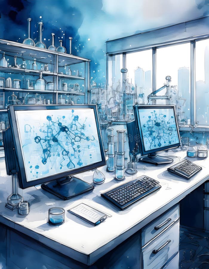 An Anime-style Laboratory Scene with Two Computer Monitors Displaying ...
