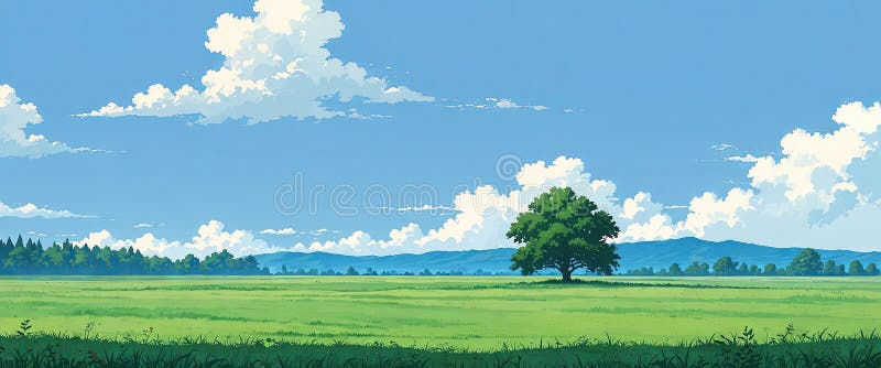 Anime Style Landscape with Field and Blue Sky. Anime Style Stock Photo ...
