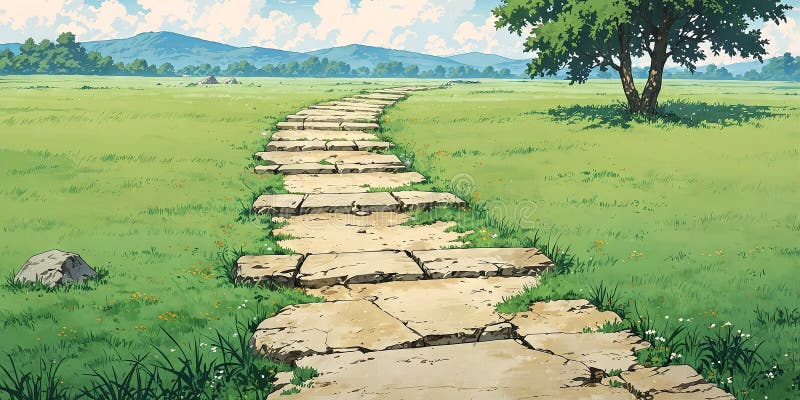 Anime Style Landscape with a Stone Path Leading through a Meadow. Anime ...