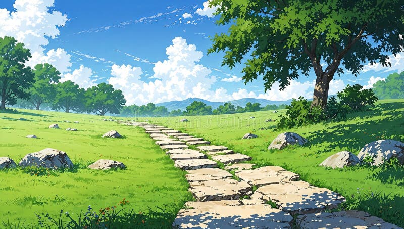 Anime Style Landscape with a Stone Path Leading through a Meadow. Anime ...
