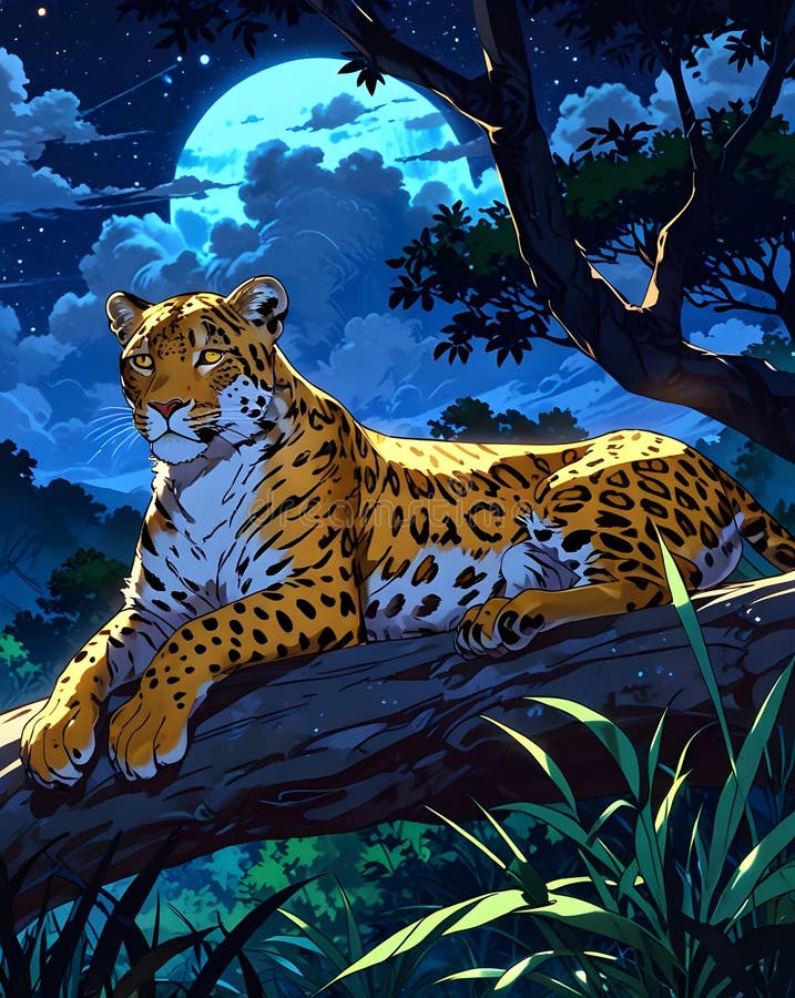 Anime -Style Leopard on the Tree with Moon Behind Stock Illustration ...