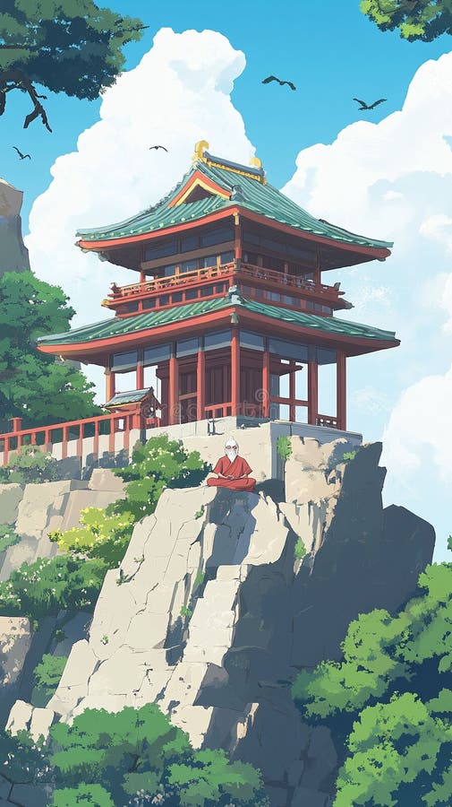 An Anime-style Mountain Temple with a Wise Old Master Meditating. Stock ...