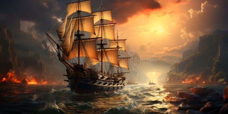 Anime Style Pirate Ship at Evening Time Stock Illustration ...