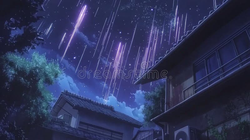 An Anime-style Rooftop Scene during a Meteor Shower. Stock Illustration ...
