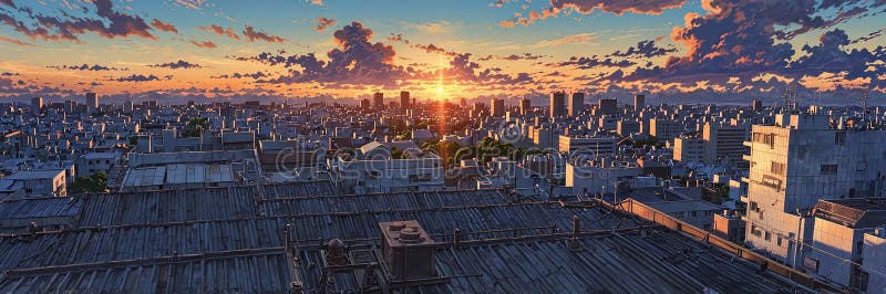Anime-style Rooftop View of the City with Clouds and a Setting Sun ...