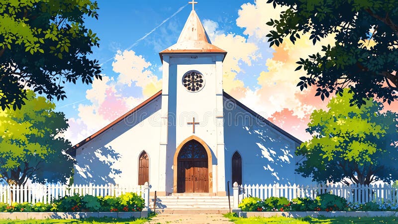 Church with Front View in Landscape Stock Vector - Illustration of home ...