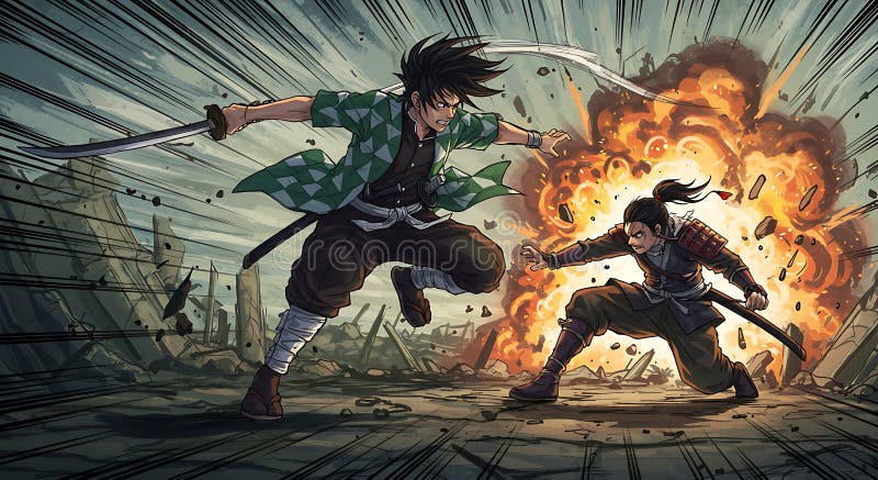 Anime-style Scene Featuring Two Male Warriors Mid-combat Against an ...
