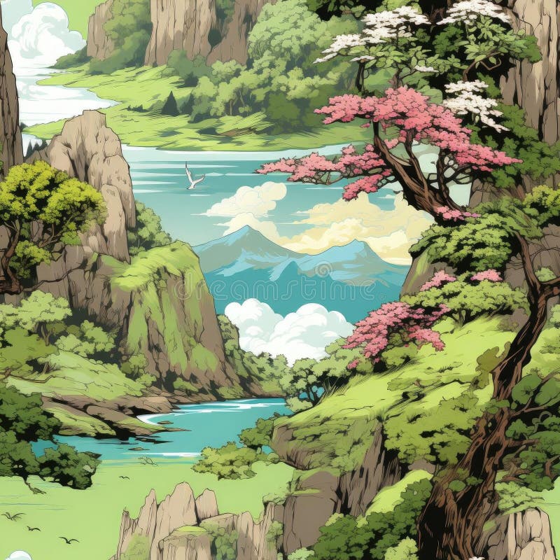 Anime Style Scene with Trees and Streams in a Mountainous Vista (tiled ...