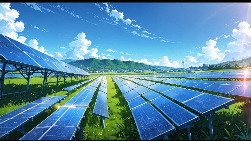 Anime Style Solar Farm with Solar Panels on Green Fields Under a Clear ...