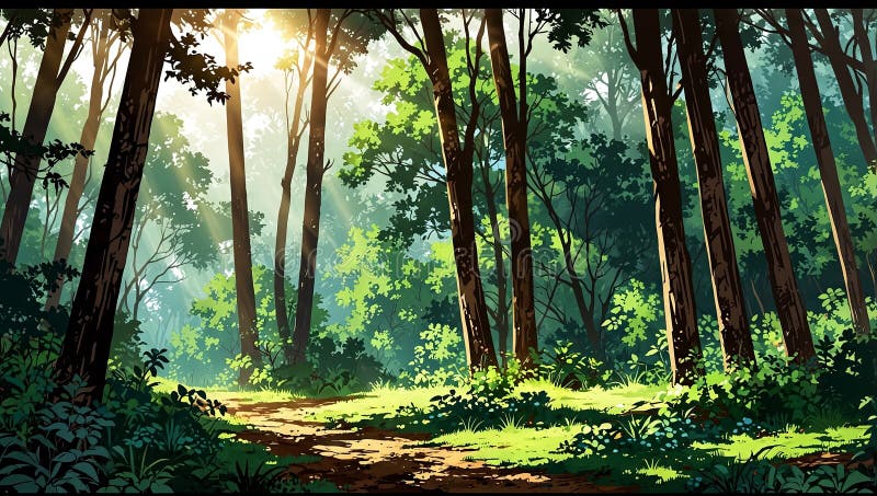 Anime Style Sun Rays Filter through the Lush Green Forest, Casting ...