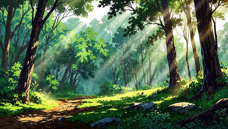Anime Style Sun Rays Filter through the Lush Green Forest, Casting ...