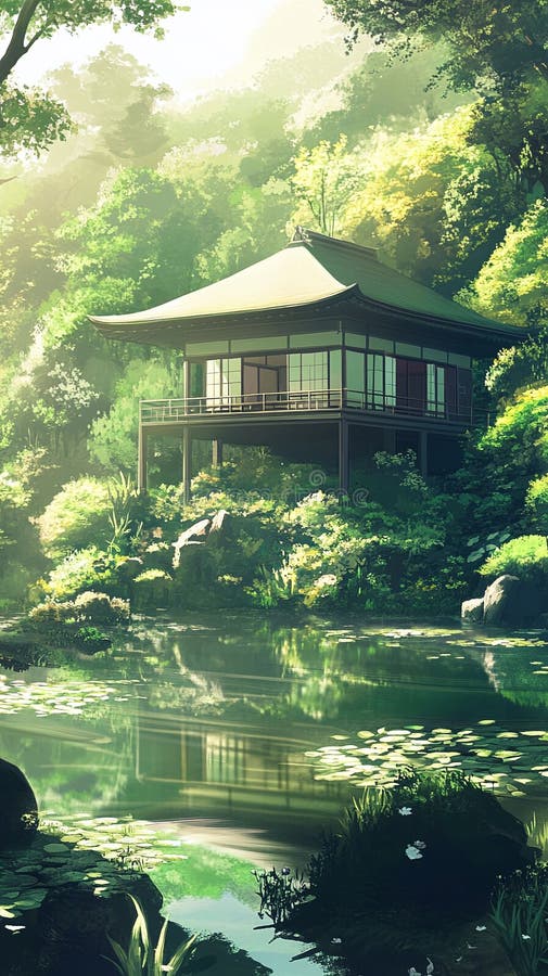 An Anime-style Tea House Surrounded by a Serene Garden. Stock ...