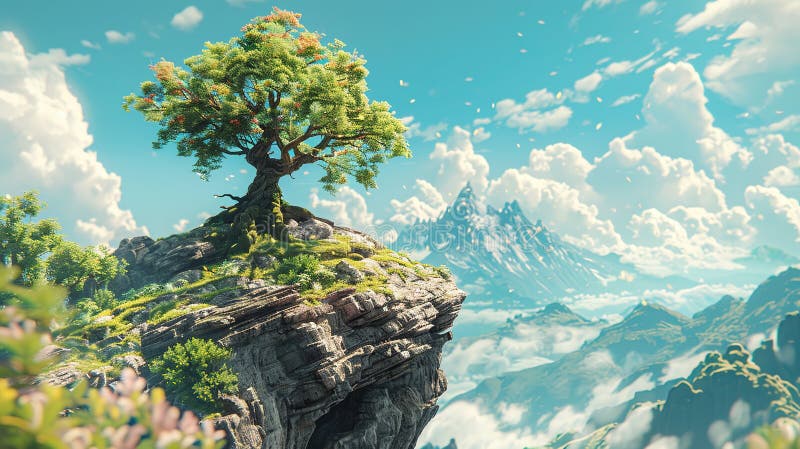 An Anime-style Tree Stands Atop a Rocky Outcrop Stock Illustration ...
