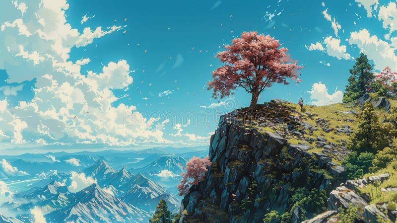 An Anime-style Tree Stands Atop a Rocky Outcrop Stock Illustration ...
