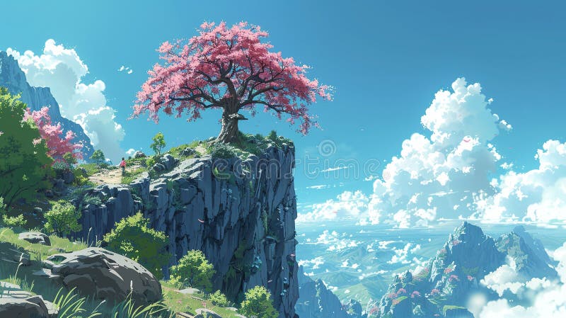 An Anime-style Tree Stands Atop a Rocky Outcrop Stock Illustration ...