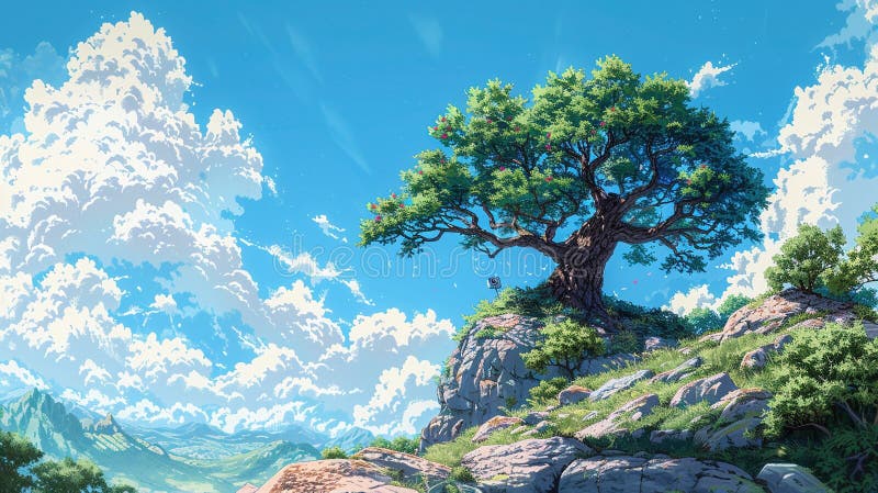 An Anime-style Tree Stands Atop a Rocky Outcrop Stock Illustration ...