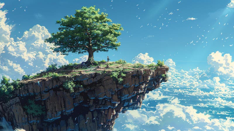 An Anime-style Tree Stands Atop a Rocky Outcrop Stock Illustration ...