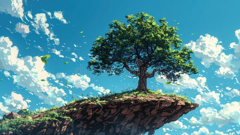 An Anime-style Tree Stands Atop a Rocky Outcrop Stock Illustration ...
