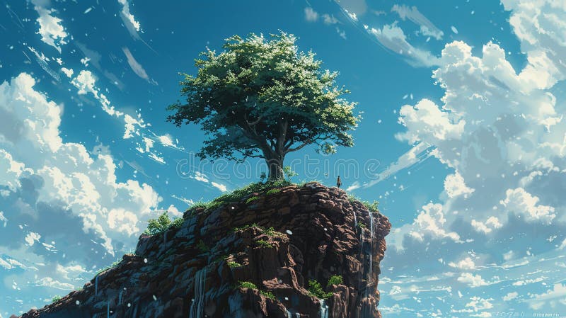 An Anime-style Tree Stands Atop a Rocky Outcrop Stock Illustration ...