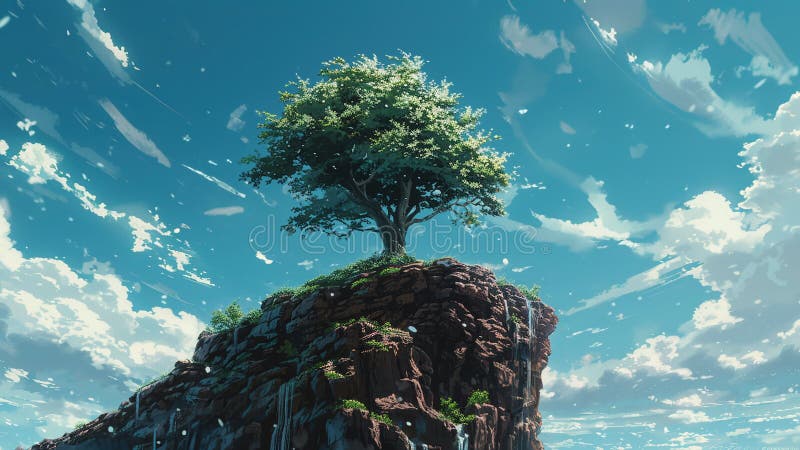 An Anime-style Tree Stands Atop a Rocky Outcrop Stock Footage - Video ...